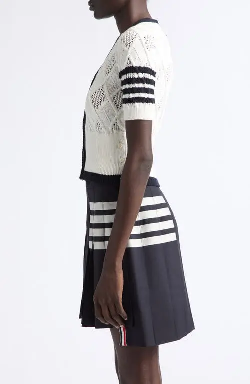 Thom Browne 4-bar Argyle Pointelle Stitch Short Sleeve Cardigan - White