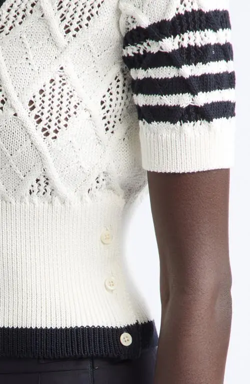 Thom Browne 4-bar Argyle Pointelle Stitch Short Sleeve Cardigan - White