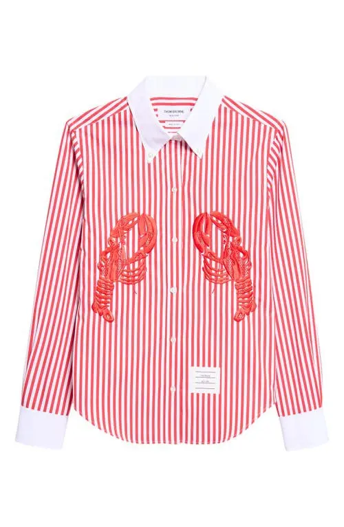 Thom Browne Embroidered Lobster Stripe Cotton Poplin Button-down Shirt