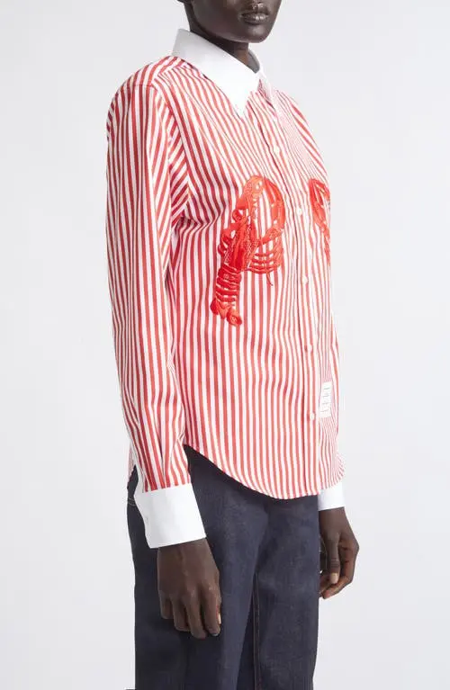 Thom Browne Embroidered Lobster Stripe Cotton Poplin Button-down Shirt