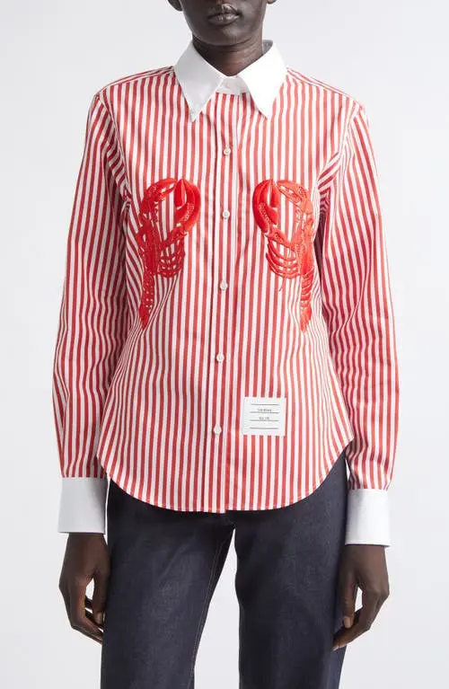 Thom Browne Lobster Embroide Stripe Cotton Poplin Button-down Shirt - Red