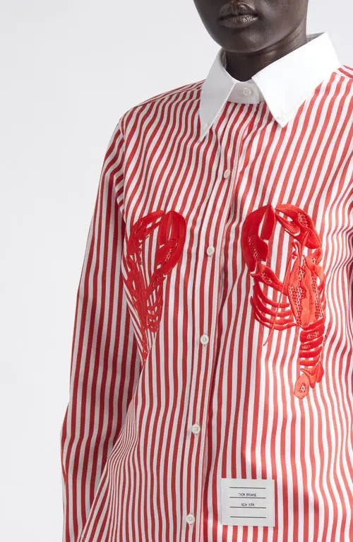Thom Browne Embroidered Lobster Stripe Cotton Poplin Button-down Shirt
