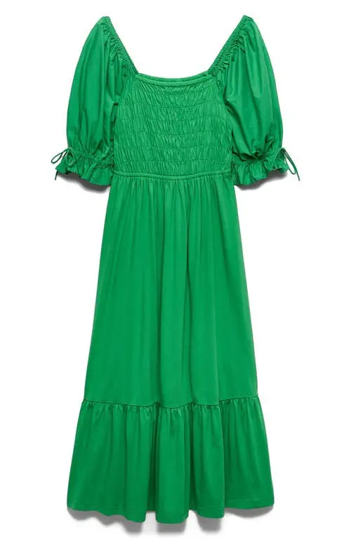M&s Puff Sleeve Cotton Midi Dress - Green