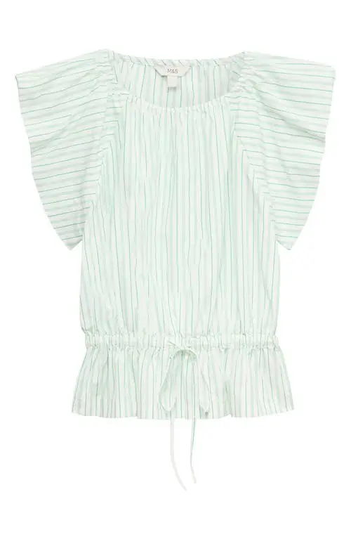 M&s Variegated Stripe Cotton Top With Statement Sleeves And Peplum Finish - Green/multi