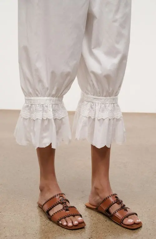 Staud Renzo Embroidered Lace Detail Cropped Cotton Pants - Ivory