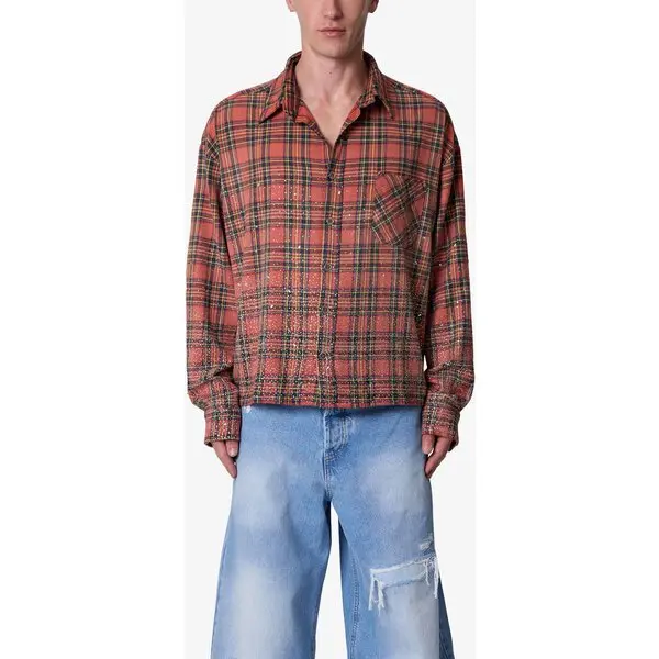 Mnml Rhinestone Flannel Button-up Shirt - Red