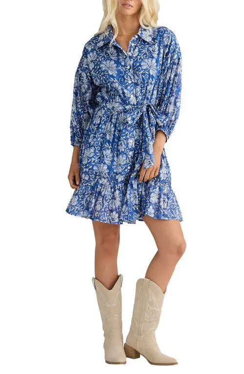 TALISMAN THE LABEL Echo Print Tie Waist Long Sleeve Dress - Blue Blossom