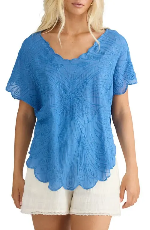 TALISMAN THE LABEL Scallop Trim Embroidered Butterfly Top - Blue Haze