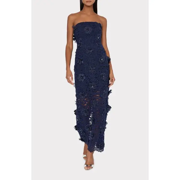 MILLY Kait Floral Lace Sequin Strapless Gown - Navy