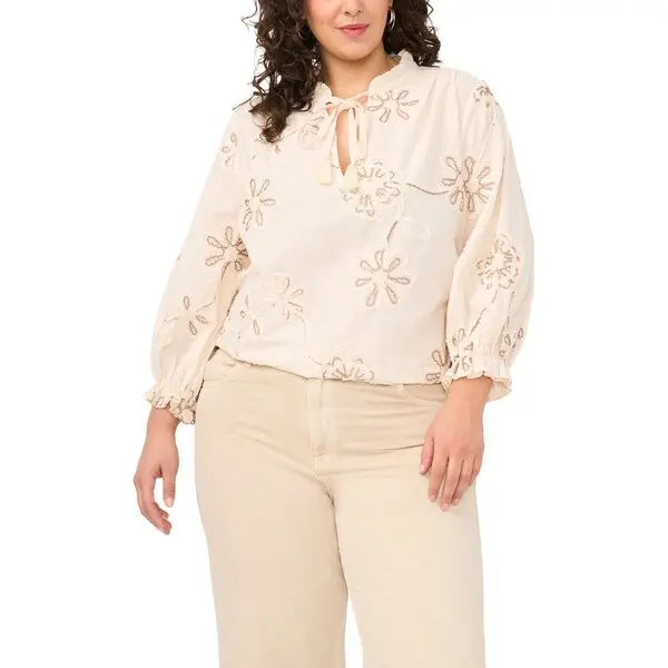 Vince Camuto Embroidered Flower Appliqué Tie Neck Top - New Ivory