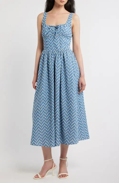 BLU PEPPER Embroidered Cotton Blend Midi Dress - Denim