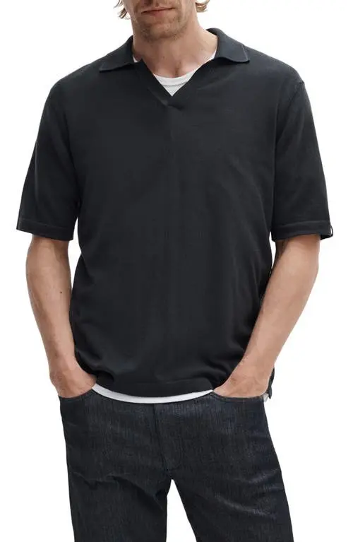 Rag & Bone Conrad Silk & Cotton Johnny Collar Polo - Black