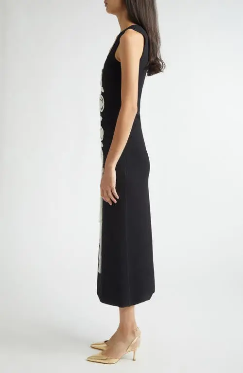 Lela Rose Floral Appliqué Knit Midi Cocktail Dress