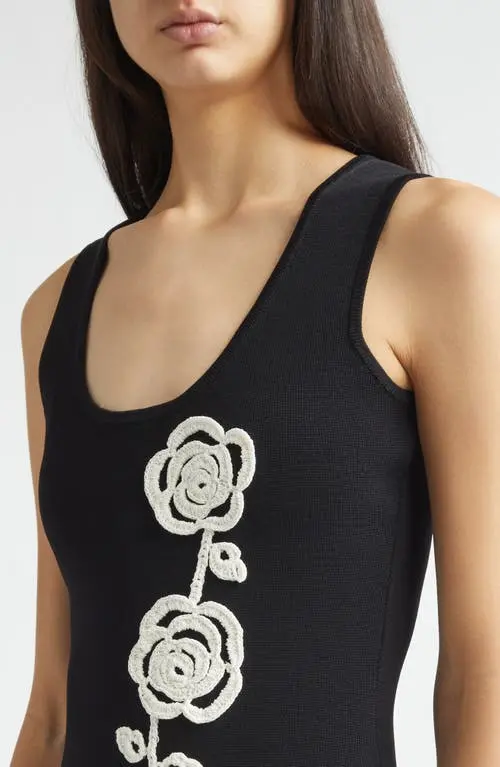 Lela Rose Floral Appliqué Knit Midi Cocktail Dress