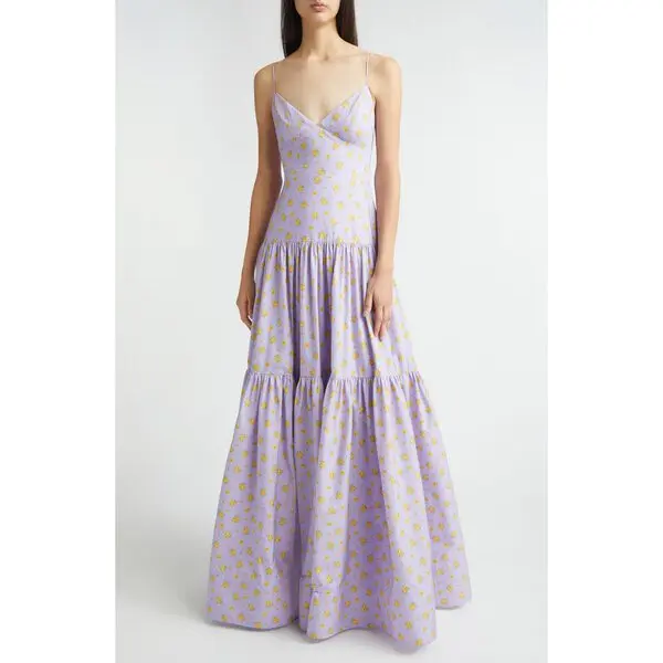 Lela Rose Floral Print Cotton Tiered Gown - Lavender/sunflower