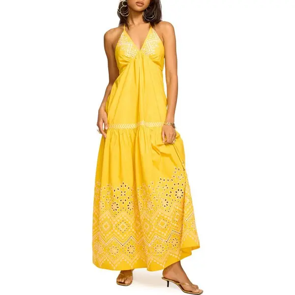Ramy Brook Amaris Eyelet Embroidery Halter Maxi Dress - Sunshine
