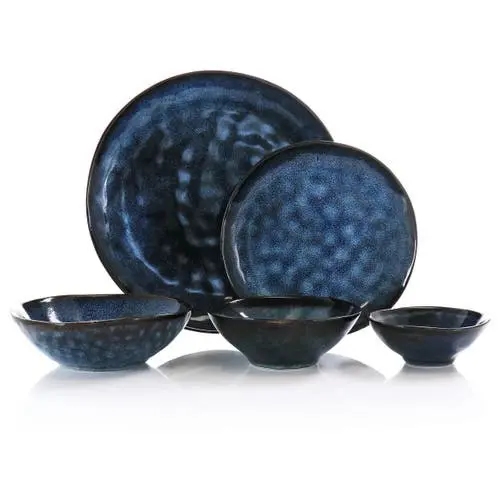 ELAMA Lucca 20 Piece Round Stoneware Triple Bowl Dinnerware Set In Reactive Glaze