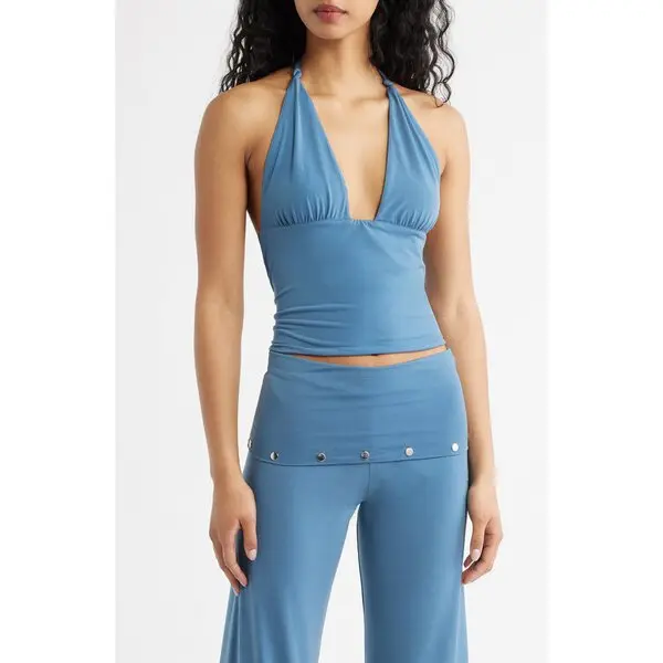 BELLA VENICE Jade Knit Plunge Halter Neck Top - Blue