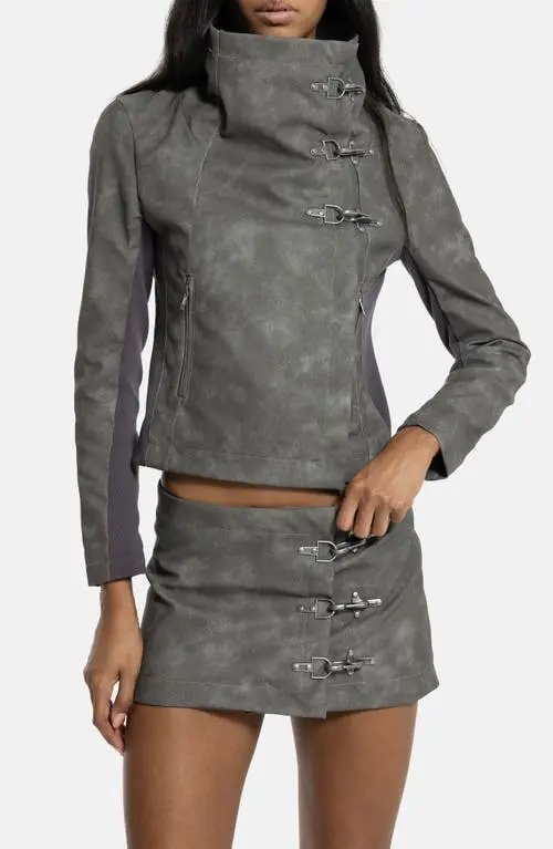 JADED LONDON Funnel Neck Faux Leather Jacket With Utilitarian Hardware - Grey