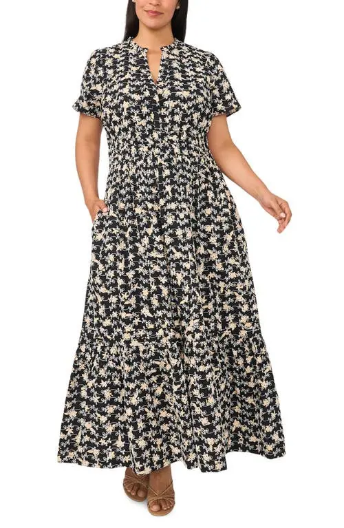 CECE DUPRAZ Embroidered Split Neck Tiered Cotton Maxi Dress