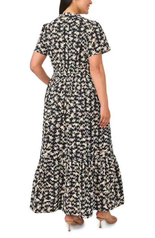 CECE DUPRAZ Embroidered Split Neck Tiered Cotton Maxi Dress