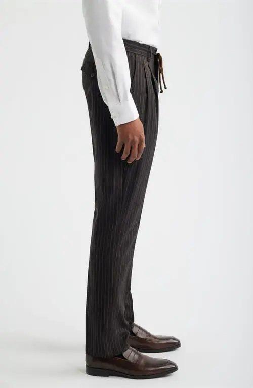 Zanella Nova Black Pinstripe Wool & Cotton Drawstring Dress Pants - Espresso