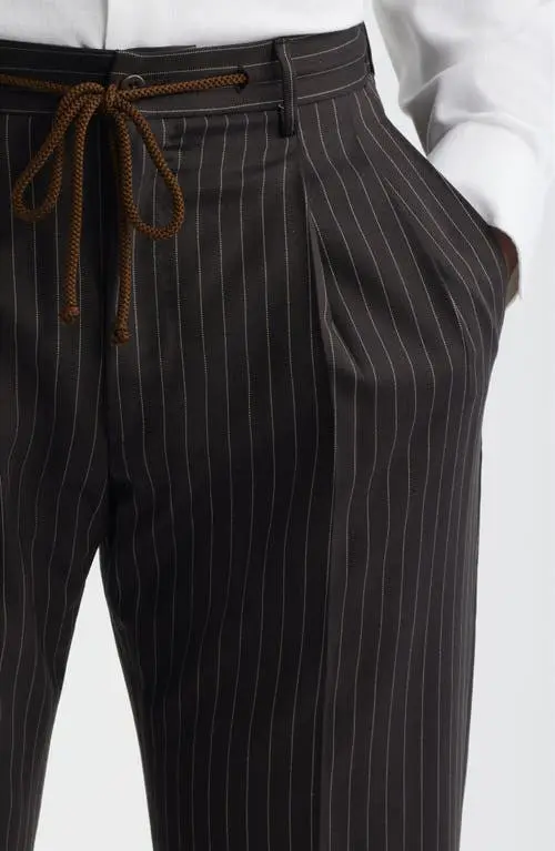 Zanella Nova Black Pinstripe Wool & Cotton Drawstring Dress Pants - Espresso