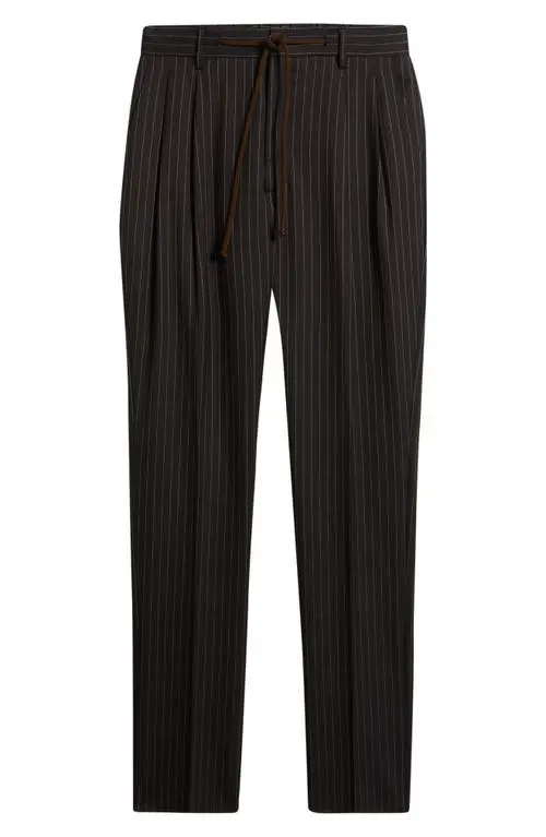 Zanella Nova Black Pinstripe Wool & Cotton Drawstring Dress Pants - Espresso