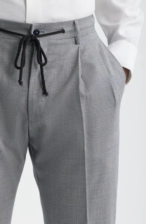 Zanella Nova Grey Glen Check Pleated Wool & Cotton Drawstring Dress Pants - Navy