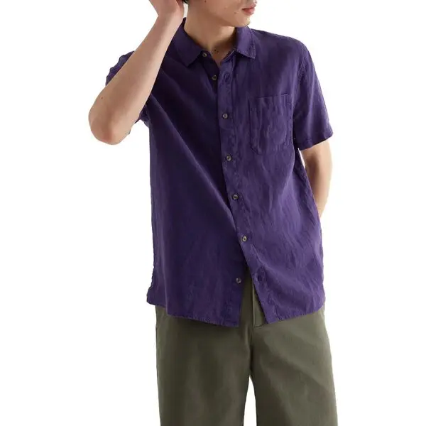 SEASALT CORNWALL Carne Short Sleeve Linen Button-up Shirt - Blackcurrant