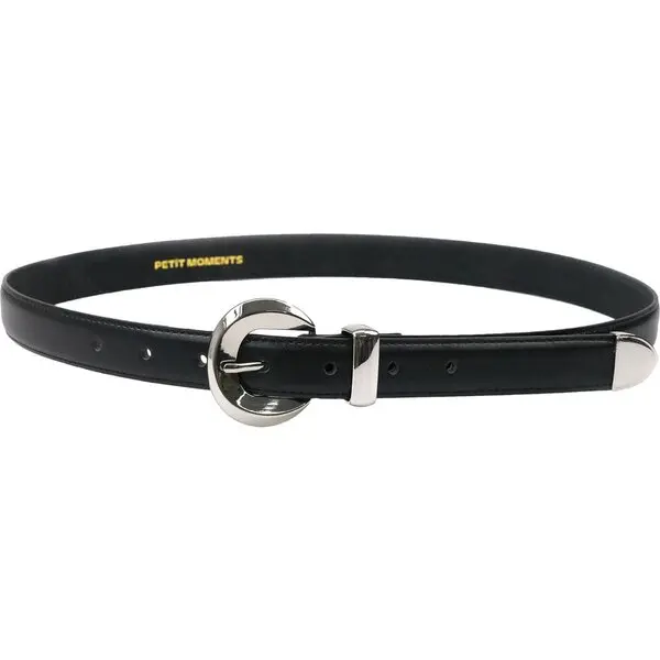 PETIT MOMENTS Faux Leather Skinny Belt With Crescent Buckle - Black/silver
