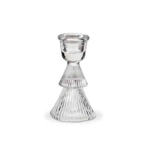 TAG Elegant Glass Ribbed Taper Candle Holder For Decor - Clear