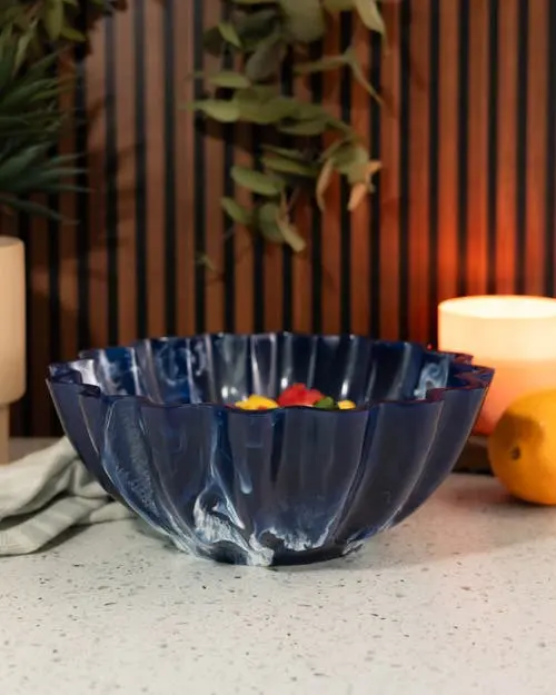 JEANNE FITZ Resin Serving Bowlmarbled Scalloped Decorative Bowl