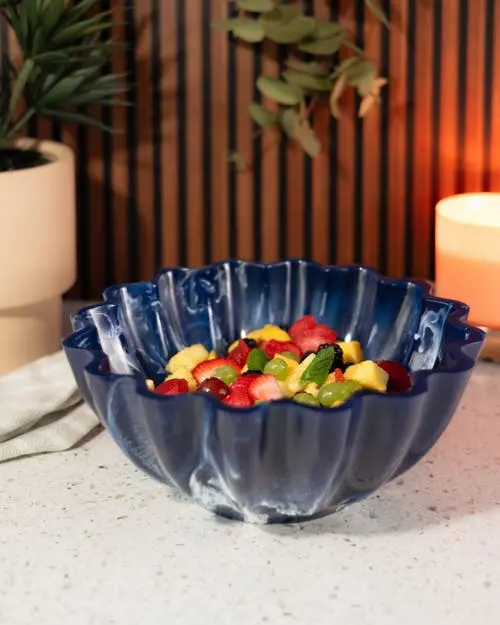 JEANNE FITZ Resin Serving Bowlmarbled Scalloped Decorative Bowl