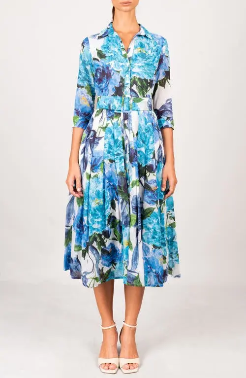 Samantha Sung Audrey Pleated Floral Print Midi Shirtdress - White Blue