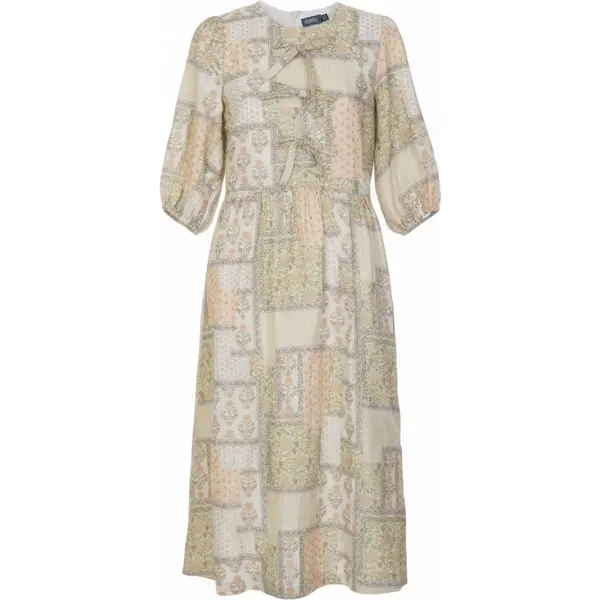 NONI Floral Print Puff Sleeve Midi Dress - Beige