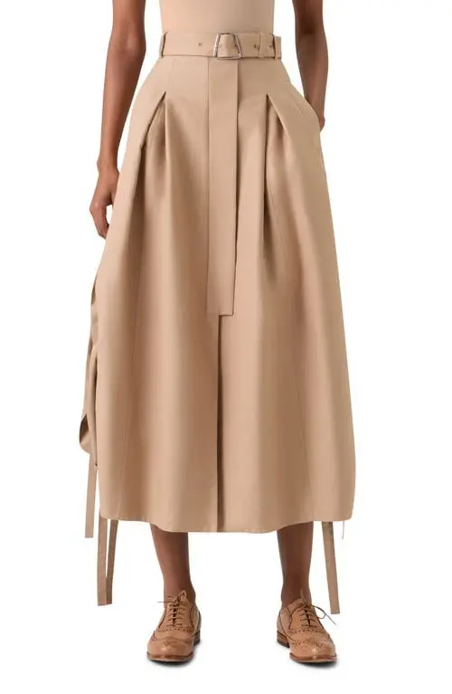 Akris Cotton Double Face Midi Skirt With Sculptural Pleats And Drawstring Ruching - Camel