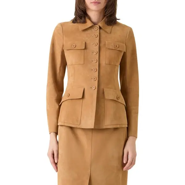 Akris Delia Fitted Goatskin Suede Jacket With Spread Collar And Utility Pockets - Camel