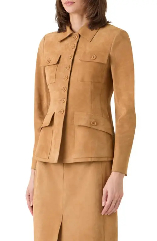 Akris Delia Fitted Goatskin Suede Jacket With Spread Collar And Utility Pockets