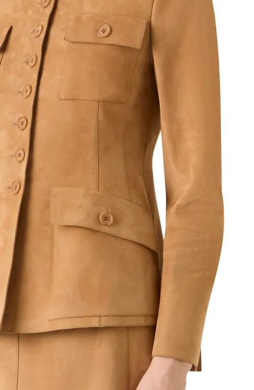 Akris Delia Fitted Goatskin Suede Jacket With Spread Collar And Utility Pockets