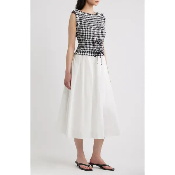 A.REN Two Tone Gingham Smocked Midi Dress - Black