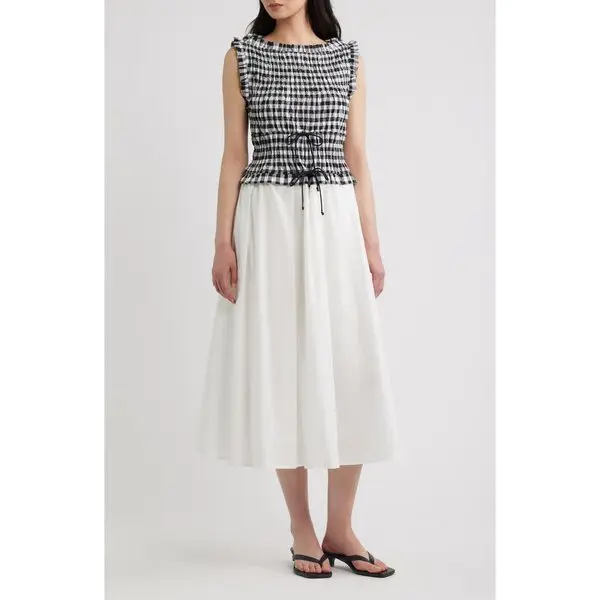 A.REN Two Tone Gingham Smocked Midi Dress - Black