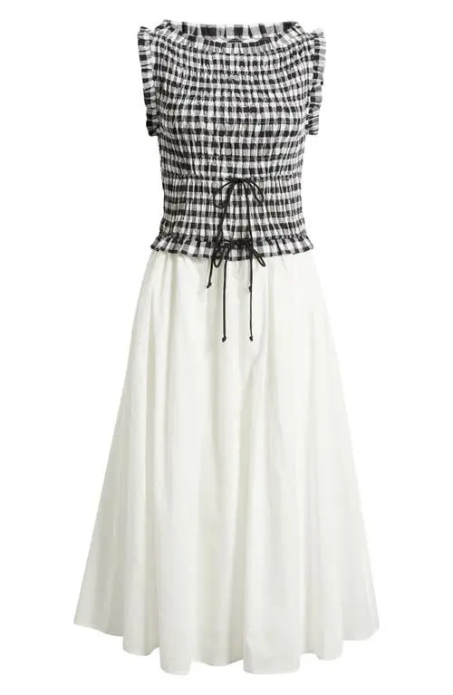 A.REN Two Tone Gingham Smocked Midi Dress