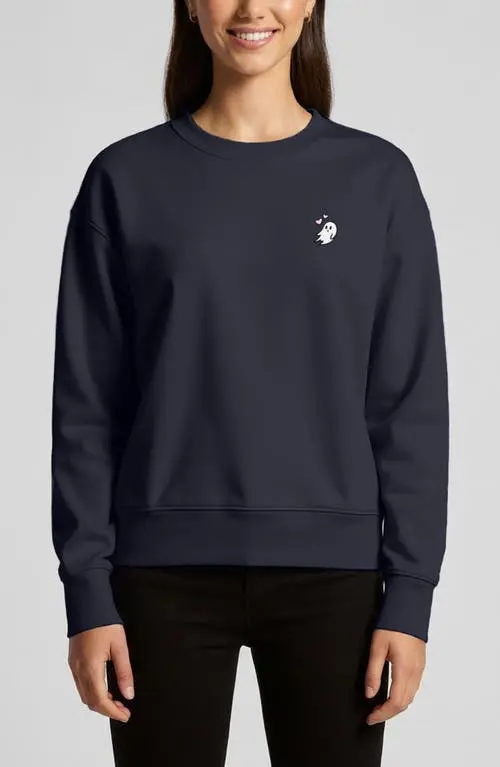 DALIX Heartly Ghost Relaxed Fleece Crewneck Sweatshirt - Ink Blue