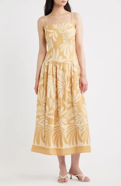 A.REN Sleeveless A-line Dress With Floral Print - Camel