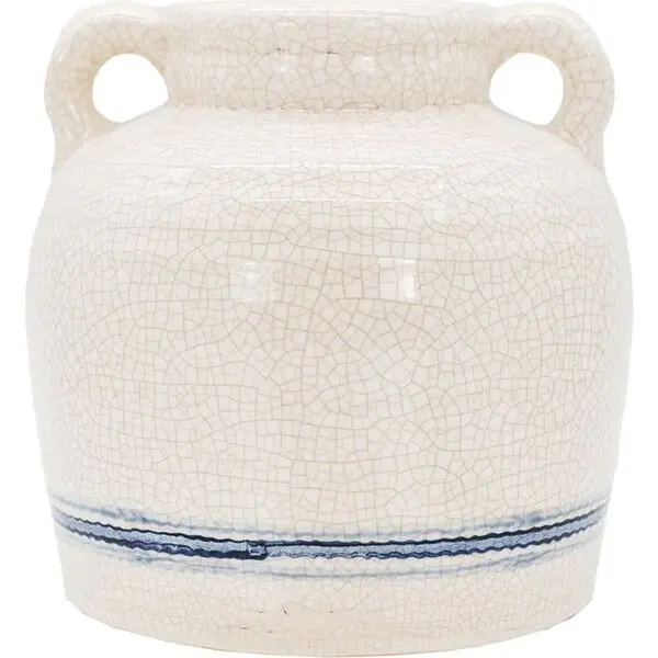FORESIDE HOME AND GARDEN Vintage Crackle Vase With Handles Stripe Stoneware - Blue