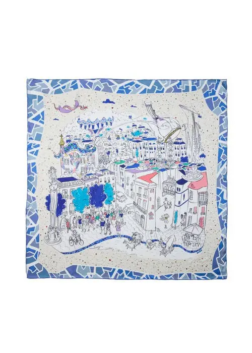 OLAH Barcelona Large Silk Square Scarf - Mediterranean Blue