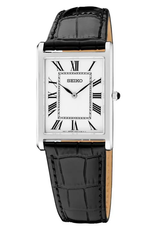 SEIKO WATCHES Essentials Rectangular Embossed Leather Strap Watch - White/silver