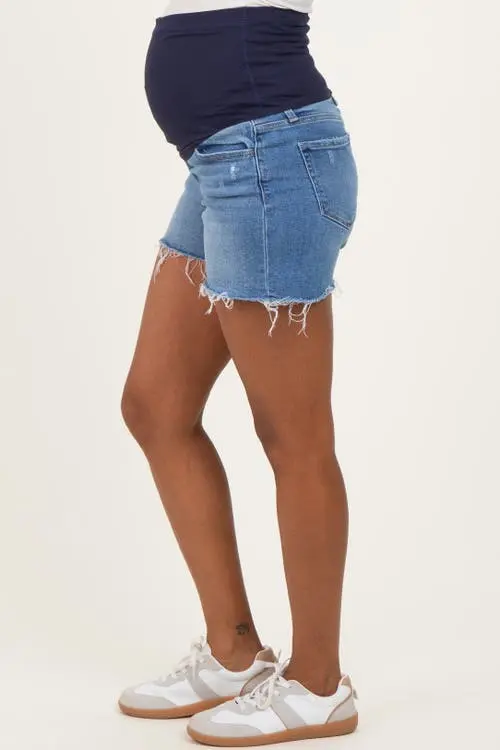 PINKBLUSH Distressed Raw Hem Maternity Denim Shorts