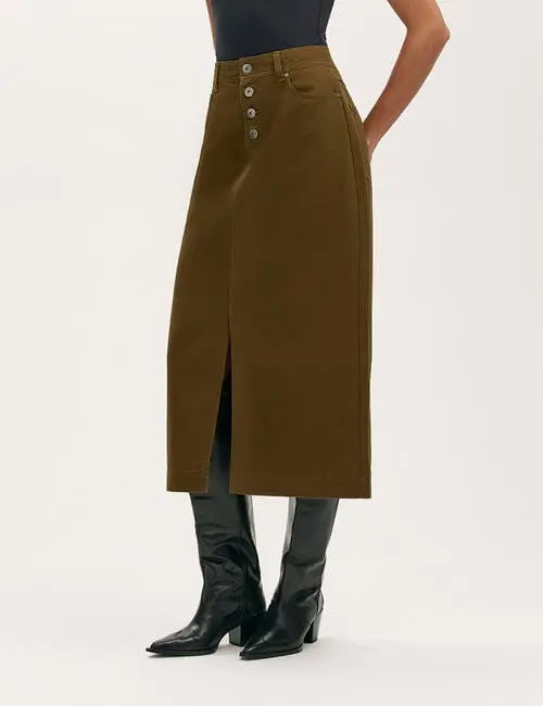 FINERY LONDON Beth Button-front Midi Skirt - Khaki